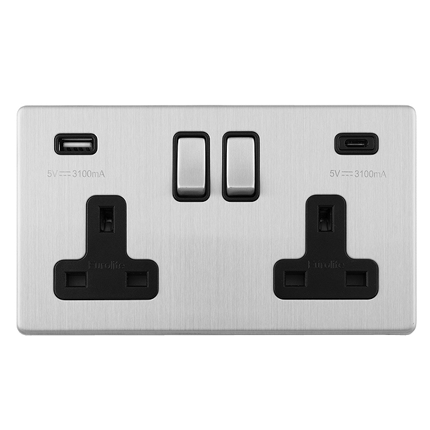 Revive Twin Plug Socket With USB & USBC - Stainless Steel / Black Trim
