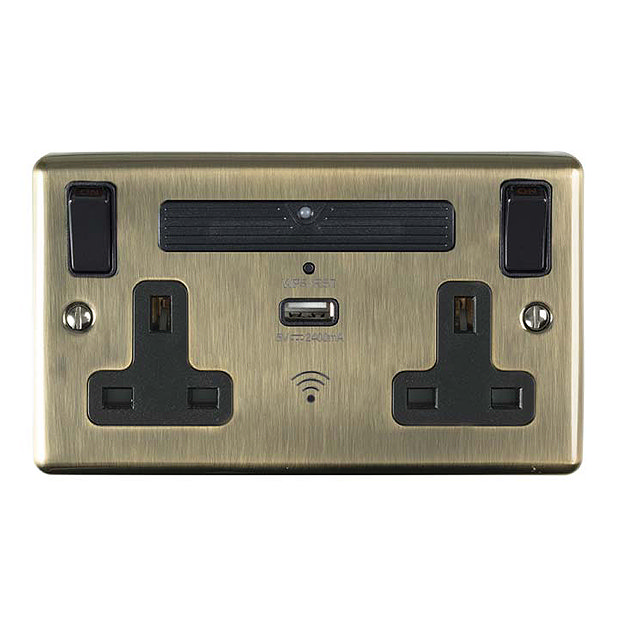 Revive Twin Plug Socket with USB & WiFi Extender Antique Brass/Black ...