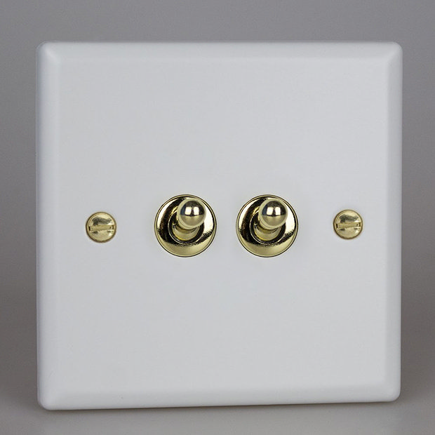 Revive Twin Toggle Light Switch - Matt White/Brass - RV2TMW