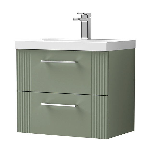 Roxbury Deco Fluted 600mm Green Vanity Unit - Wall Hung 2-Drawer Unit ...