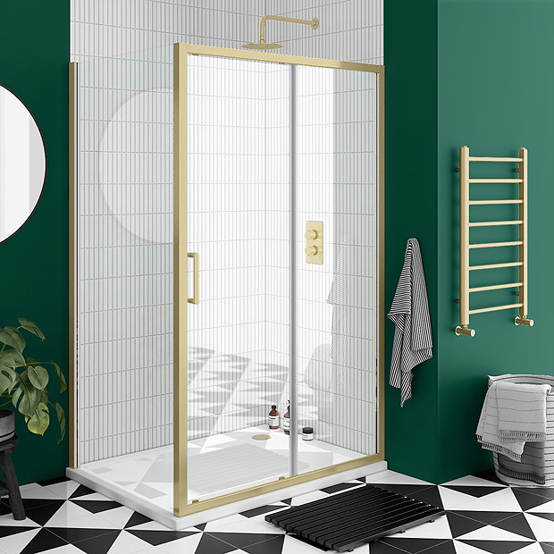 Toreno Brushed Brass 1400 x 900mm Sliding Door Shower Enclosure without ...