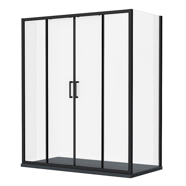 Toreno Matt Black 1400 x 800mm Double Sliding Door Shower Enclosure + Slate Effect Tray ...