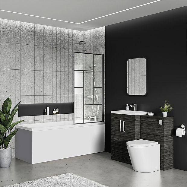 Venice Abstract Matt Black Grid Bath Screen with Square Single Ended ...