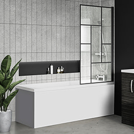 Venice Abstract Matt Black Grid Bath Screen with Square Single Ended ...