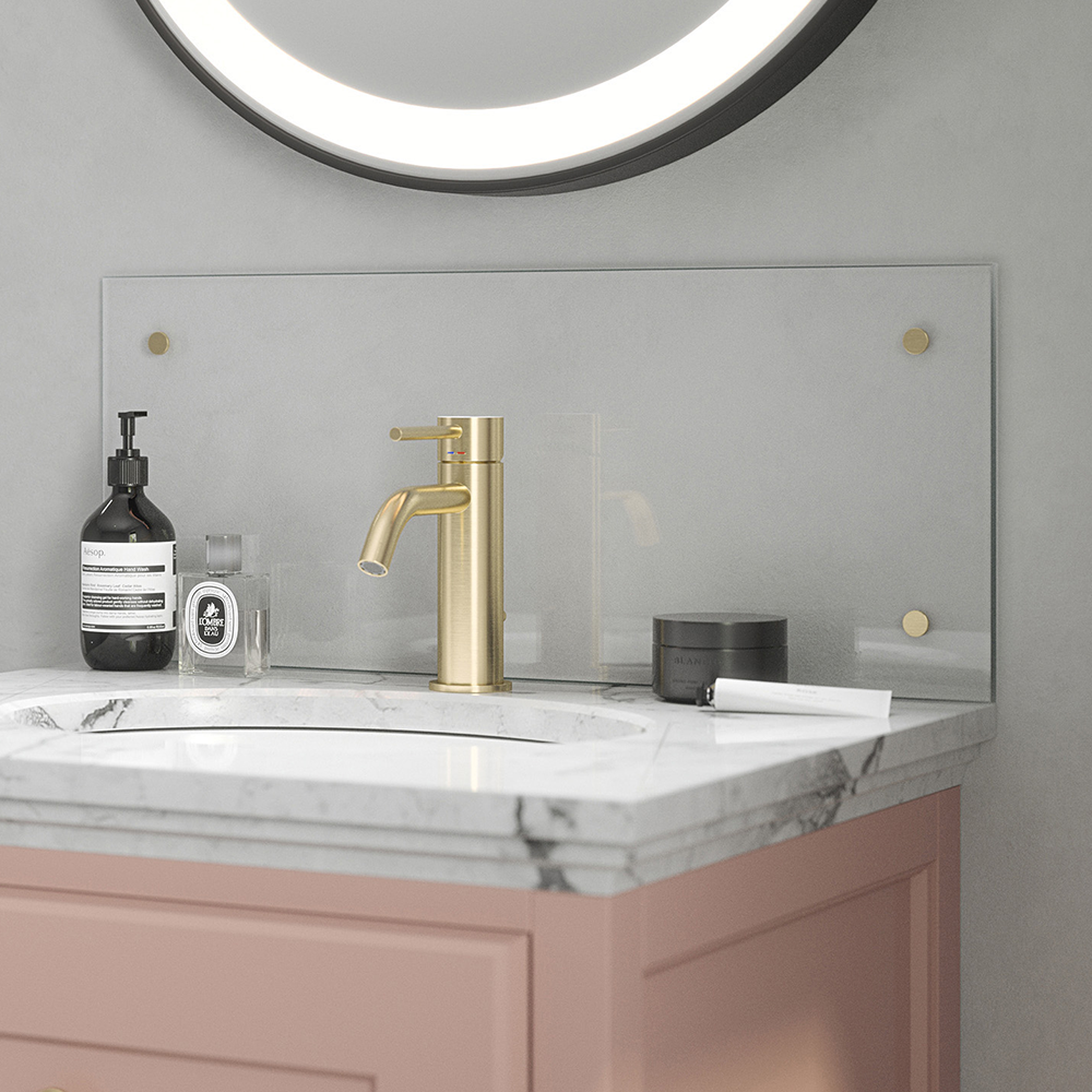 Venice Clear Glass Bathroom Splashback 250 x 500mm - Brass Caps
