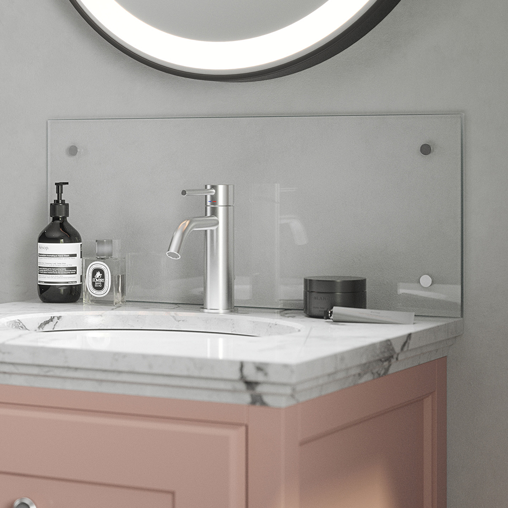 Venice Clear Glass Bathroom Splashback 250 x 500mm - Brushed Chrome Caps