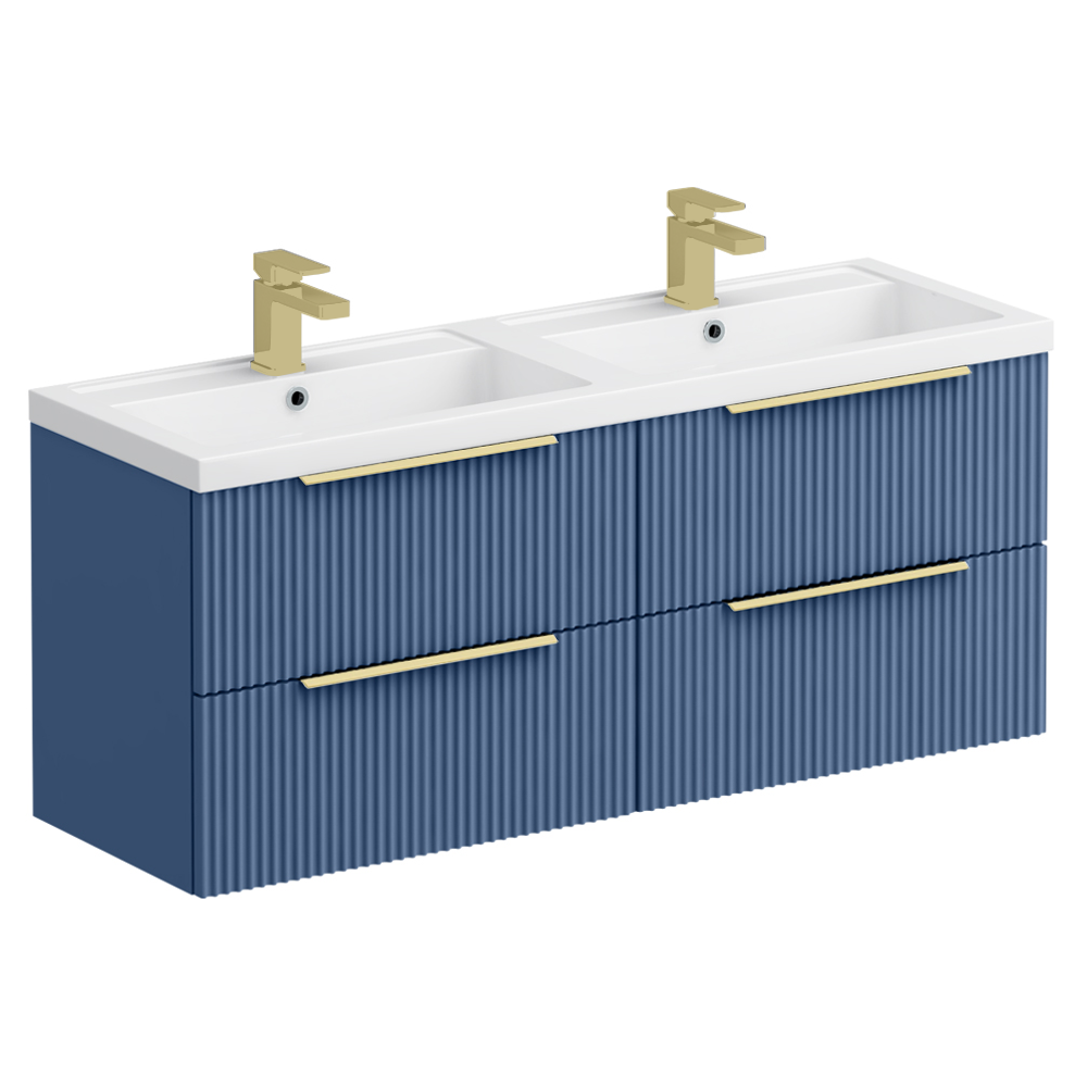 Venice Fluted 1205mm Blue Vanity Unit - Wall Hung 4 Drawer Double Basin ...