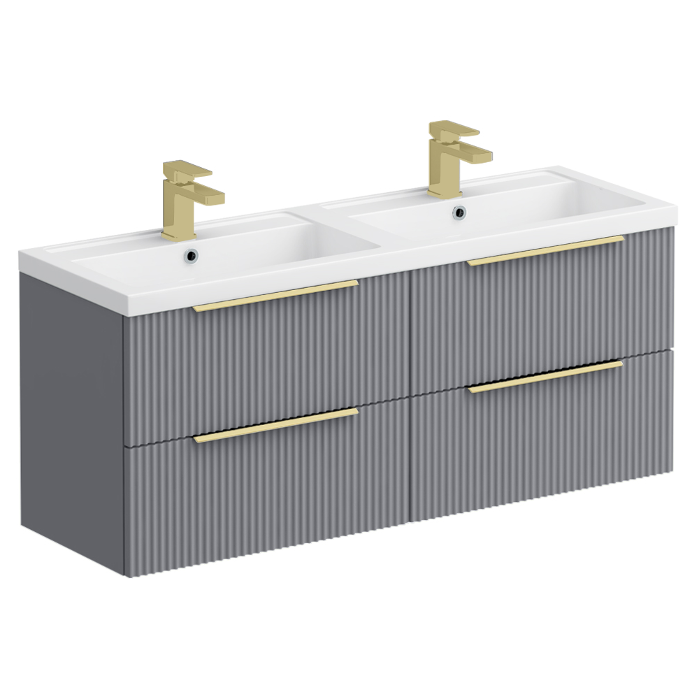 Venice Fluted 1205mm Satin Grey 4‑Drawer Double Basin Vanity Unit with ...