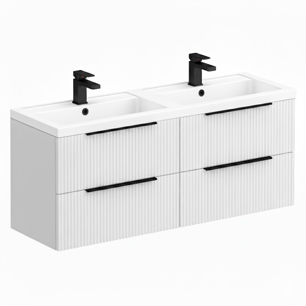 Venice Fluted 1205mm White Vanity Unit - Wall Hung 4 Drawer Double ...