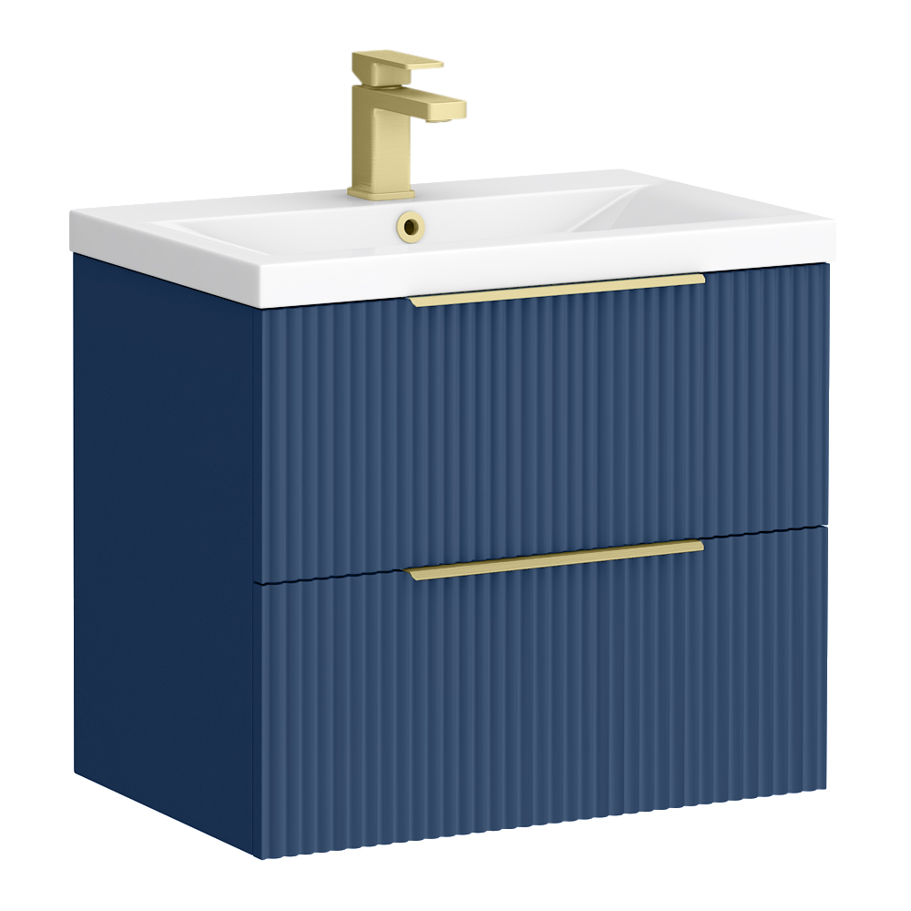 Venice Fluted 600mm Blue Vanity Unit - Wall Hung 2 Drawer Unit with ...
