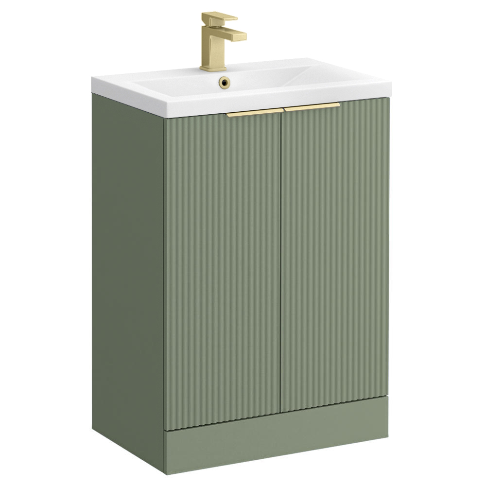 Venice Fluted 600mm Green 2 Door Floor Standing Vanity Unit with ...