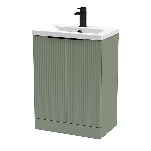 Venice Fluted 600mm Green 2 Door Floor Standing Vanity Unit with Matt ...