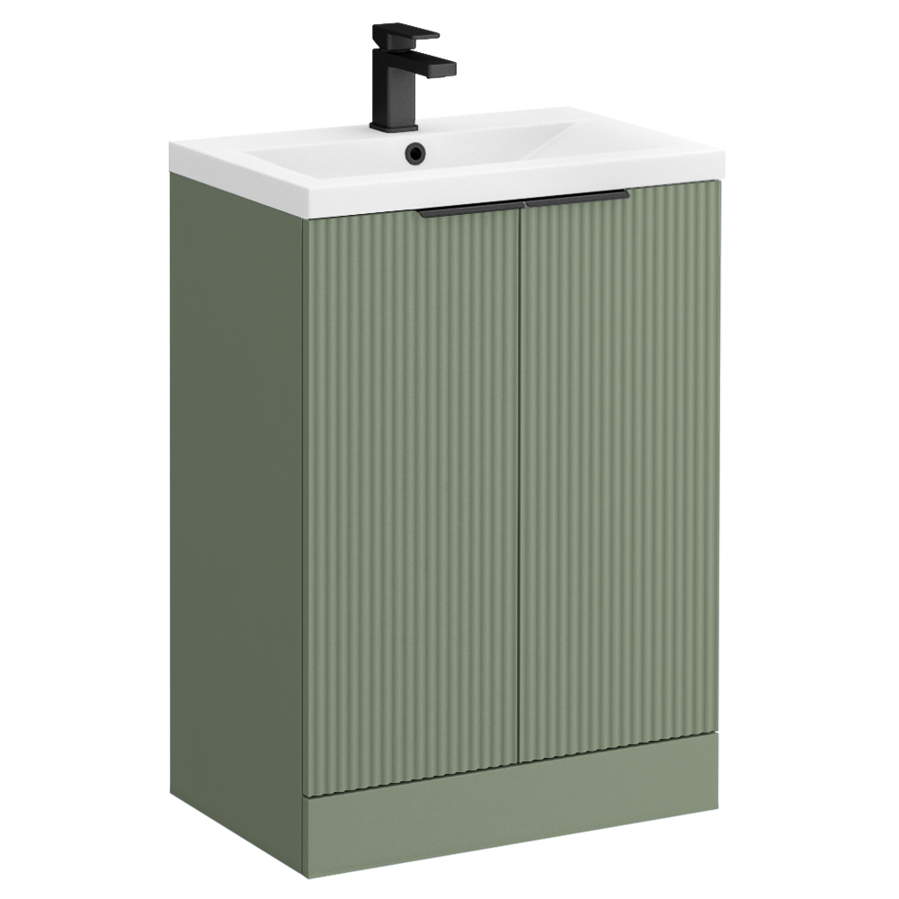 Venice Fluted 600mm Green 2 Door Floor Standing Vanity Unit with Matt ...