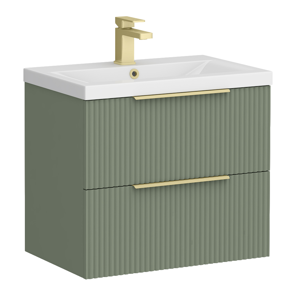 Venice Fluted 600mm Green Vanity Unit - Wall Hung 2 Drawer Unit with ...