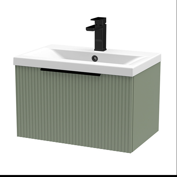 Venice Fluted 600mm Green Single Drawer Wall Hung Vanity Unit with Matt ...