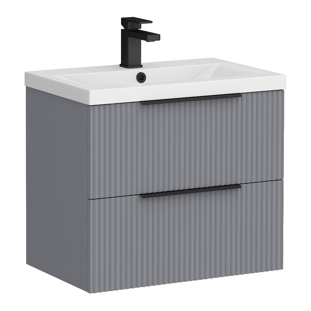 Venice Fluted 600mm Grey Vanity Unit - Wall Hung 2 Drawer Unit with ...