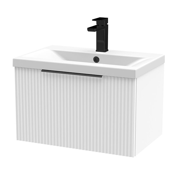 Venice Fluted 600mm White Single Drawer Wall Hung Vanity Unit with Matt ...