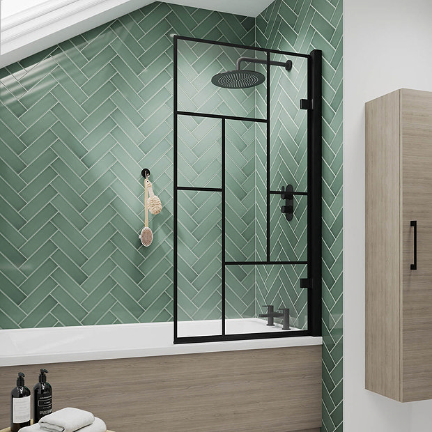 Venice Matt Black 8mm Glass Abstract Grid Hinged Bath Screen (830 x ...