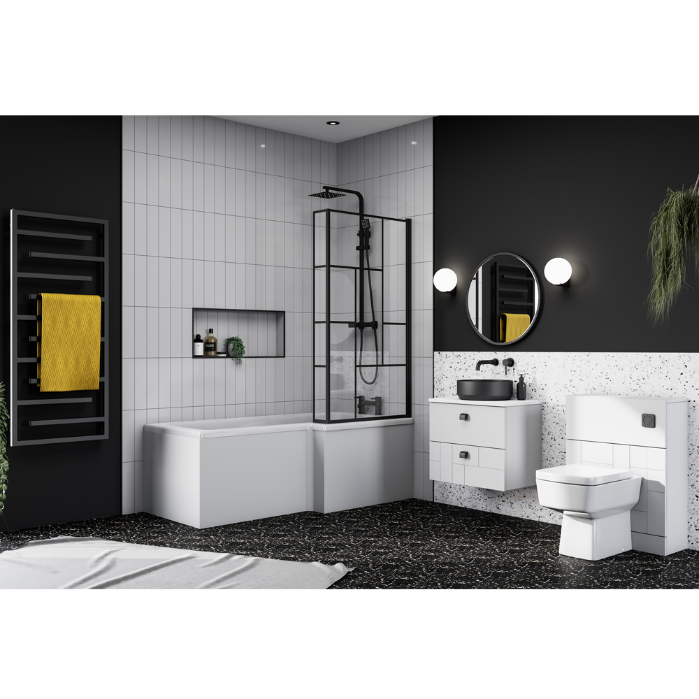 Venice Shower Bath - 1700mm L Shaped with Matt Black Abstract Grid ...