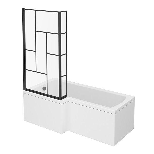 Venice Shower Bath - 1700mm L Shaped with Matt Black Abstract Grid ...
