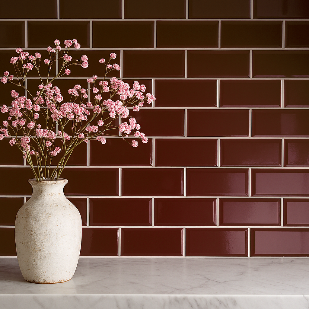 Victoria Metro Bevelled Gloss Maroon Tiles - 20 x 10cm