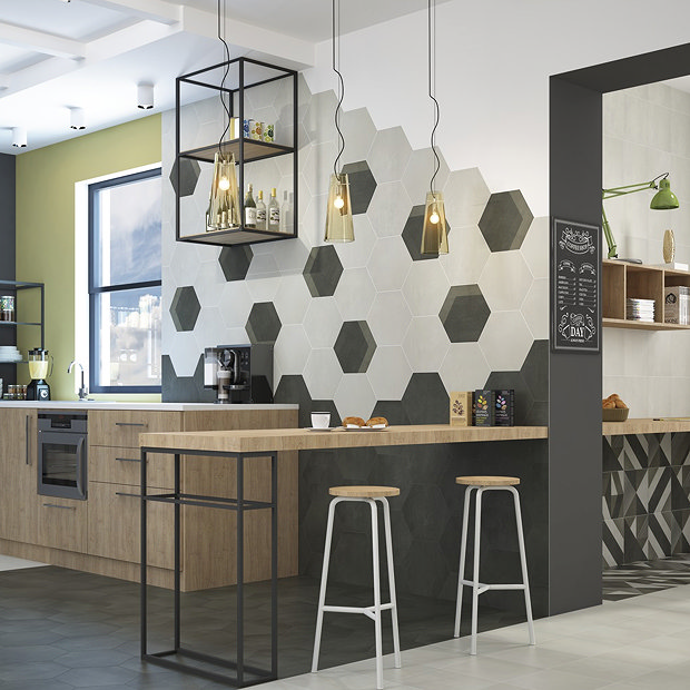 Vista Hexagon Dark Grey Wall Tiles - (Pack of 13) - 33 x 38cm