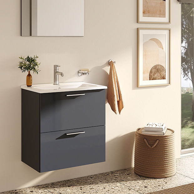 VitrA Evi Gloss Anthracite 600mm Wall Hung 2-Drawer Vanity Unit